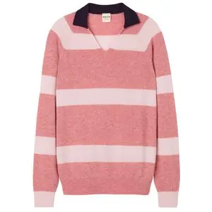 SALTS CASHMERE Split Neck Polo Stripe Sweater Sobert & Pale - Pink