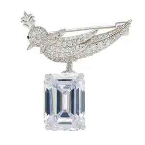 LATELITA Silver / White Crested Love Bird Brooch Silver Moissanite - Silver/white