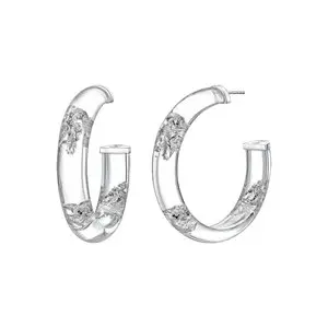 GOLD & HONEY Neutrals Leaf Hoops In Clear - Silver