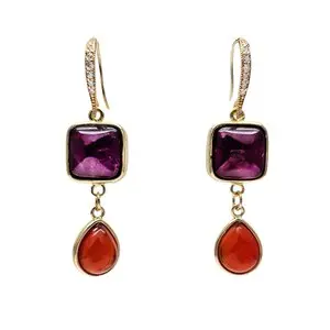 FARRA Natural Garnet With Agate Dangle Earrings - Red