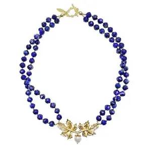 FARRA Lapis Stones With Leaf Charm Double Strands Statet Necklace - Blue