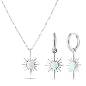SPERO LONDON Opal Northernstar Drop Hoop Earring & Necklace Sterling Set - Silver