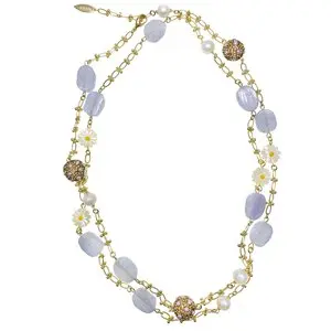 FARRA Lace Agate With Sunflower Shell & Rhinestones Multi-way Chain Necklace - Blue
