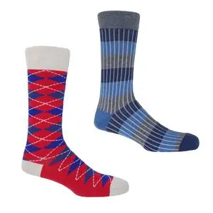 PEPER HAROW - MADE IN ENGLAND Chord Blue & Argyle Crimson Socks Bundle - Blue/red