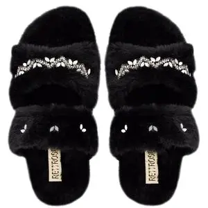 RETTROSE Myla Luxury Plush Diamanté Embellished Handmade Slipper - Black