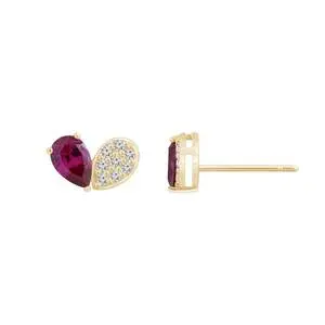 KIERA Pear Cut Created Ruby With Pave Lab Grown Diamond Heart Shaped Stud Earrings - Yellow