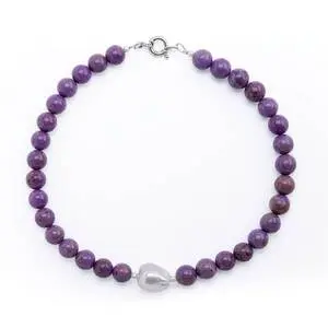 SILVER MOON Silver / White / Purple Sterling Silver Necklace Violet Echo With Purple Gemstones, Natural Seed Pearls And Baroque Pearl - Silver/white/purple