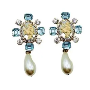 ACHALA HANDCRAFTED Neutrals Romantic Statet Victorian Cupid Cameo & Pearl Earrings - Blue