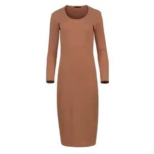 CONQUISTA Long Sleeve Round Neck Midi Dress In Ribbed Cotton-elastane Chocolate - Brown