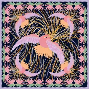 CREATURE MARSEILLE Birds Of Paradise Pastel The Silk Medium Scarf Design In France Made In Italy - Black