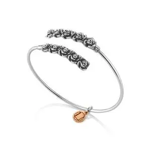 UNALOE Sterling Open Cuff Bracelet With Sculpted Roses And Rose Gold Plated Monogram - Silver