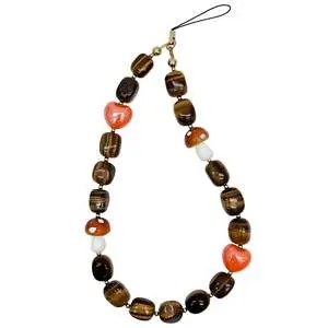FARRA Nugget Tiger Eye With Mushroom And Heart Phone Strap - Brown