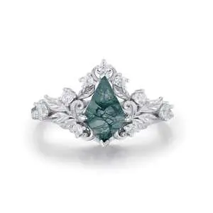 AZURA JEWELRY NEW YORK Regal Tiara Moss Agate And Topaz Ring In White Gold Vermeil - Silver