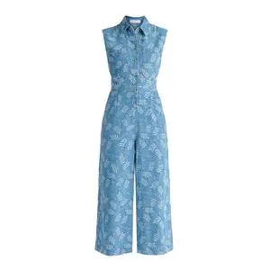 PAISIE Wide Leg Denim Jumpsuits In Leaf Pattern In Light Denim - Blue