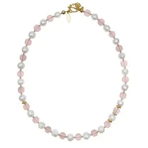 FARRA Rose Quartz With Freshwater Pearls Simple Short Necklace - Yellow