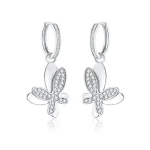 CLASSICHARMS Pavé Diamond Butterfly Dangle Drop Hoop Earrings - Silver