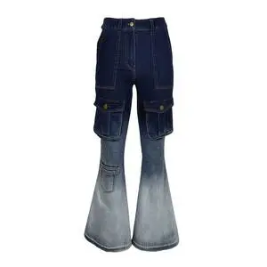 LALIPOP DESIGN High Waisted Ombre Effect Flared Cargo Denim Pants - Blue