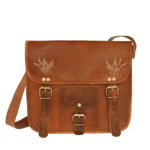 VIDA VIDA Leather Satchel Cross Body Bag With Swallows - Brown