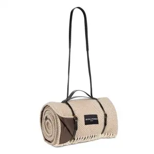 HEATING & PLUMBING LONDON Pure New Wool Waterproof Picnic Blanket The Blenheim Black Strap - Brown