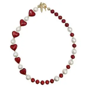 FARRA Freshwater Pearls With Heart Choker Necklace - Red