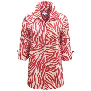 PERLAVERA White / Red Magnolia Zebra Cherry Printed Three Quarter Sleeve Length Gathered Back Shirt - White/red