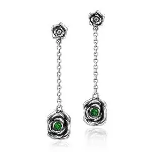 UNALOE Silver / Green Sterling Silver Rose Drop Earrings With Emerald Stone – Jewelry - Silver/green