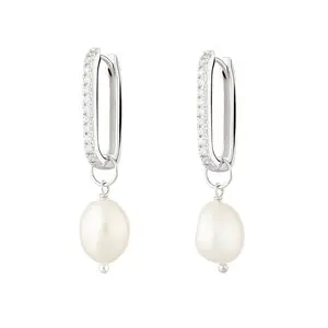 SCREAM PRETTY Sparkle Oval Hoop Earrings With Baroque Pearls - Silver