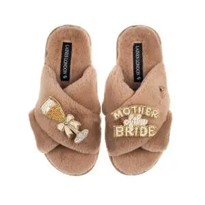 LAINES LONDON Embellished Faux Fur Cross Strap Slippers - Brown