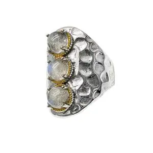 FARRA Labradorite Stone Nugget Platinum Plated Brass Ring - Grey