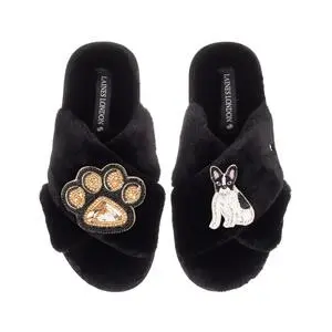 LAINES LONDON Classic Laines Slippers With Paw & & White Sitting French Bulldog Brooches - Black