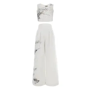 JANA COSHÈ Hand Painted Linen Set With Open Back Top - White
