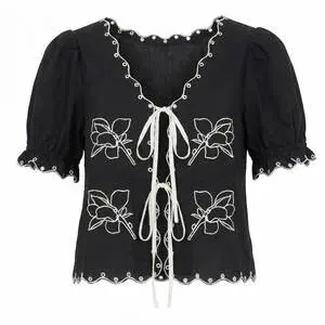 MODENAIRE Embroidered Blouse Sculpted Tie Front - Black