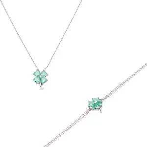 SPERO LONDON Four Leaves Clover Sterling Bracelet & Necklace Set In Green - Silver