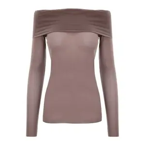 CONCEPT A TROIS Neutrals Off Shoulder Nude Tulle Blouse - Brown