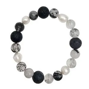 FARRA Rutilated Quartz With Lava Stone And Pearls Bracelet - Black