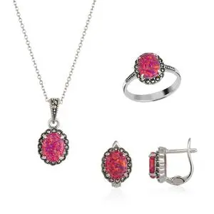 SPERO LONDON Red / Silver Oval Red Opal High Quality Sterling Silver Necklace Earring Ring Set - Red/silver