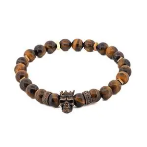 EBRU JEWELRY Brown / Silver King Skull Tiger's Eye Stone Beaded Bracelet Brown - Brown/silver