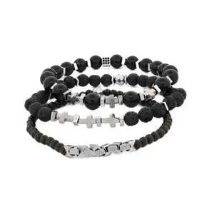 EBRU JEWELRY Black / Silver Black Gemstone & Hematite Power Trio Bracelet Set Black - Black/silver