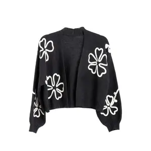 Saachi Cropped Floral Cardigan - Black