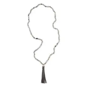 HEATHER HAWKINS Talulah Belle Gemstone Beaded Long Necklace With Suede Tassel Agate - Grey