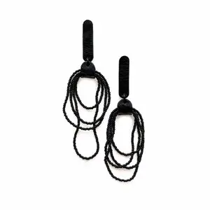 WAIWAI Beaded Dangle Leather Earrings - Black