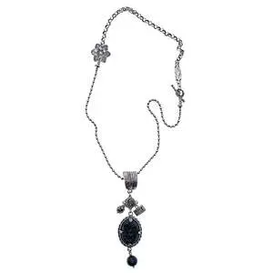 GEM KINGDOM Silver / Black Sterling Silver Necklace With Flower Pendant Black Horn - Silver/black