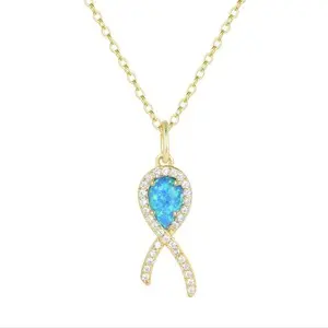 KAMARIA Cancer Ribbon Necklace With Opal And Diamond Accents In Gold Plated Sterling Silver - Blue