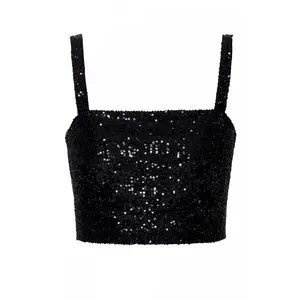 AGGI BY HALEWSKI Reina Obsidian Sequin Sleeveless Crop Top - Black