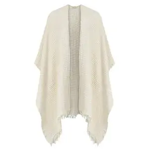ZHENABIA Neutrals Waffle Poncho Beige Boho Cape - White
