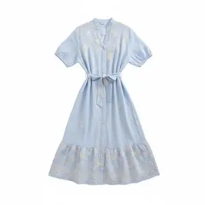 LATELIER LONDON L'atelier London Embroidered Midi Shirt Dress - Blue