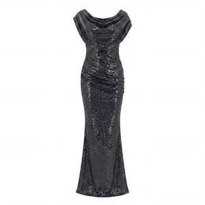 ATOM LABEL Platinum Gown In Gunmetal Sequin Sparkle - Grey