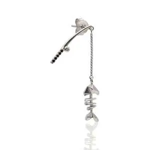 FRENVYRN Mars Sterling Fishin’ Fish Bone Dangle Earring Single For Right Ear - Silver