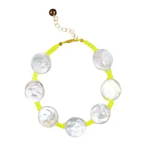 ADRIANA PAPPAS DESIGNS Coin Pearl Anklet On Colored Cord Neon - Yellow