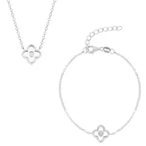 SPERO LONDON White Enamel Four Leaf Clover Necklace & Bracelet Set With Gemstone In Sterling - Silver